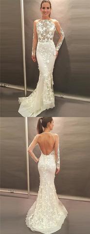 Mermaid Jewel Long Sleeves Sweep Train Wedding Dresses, Prom Dress wit – Promfast
