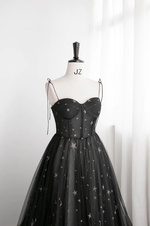 Black Tulle Long Prom Dress with Stars, Cute Spaghetti Straps Graduati ...