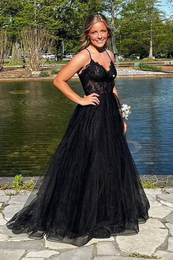 V Neck Beaded Black Lace Long Prom Dress, Black Tulle Formal Dress PFP ...