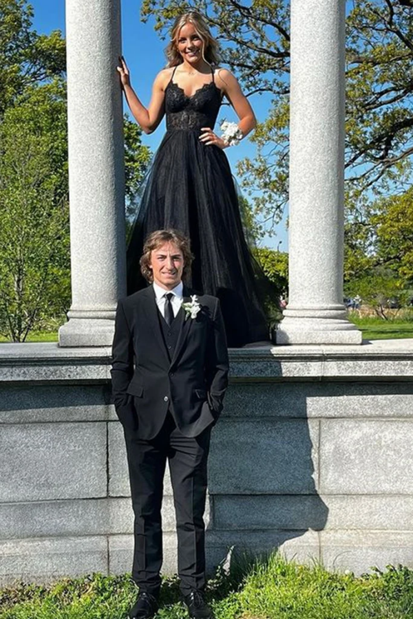 V Neck Beaded Black Lace Long Prom Dress, Black Tulle Formal Dress PFP ...