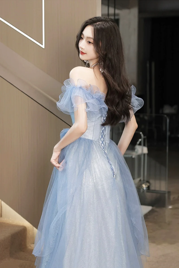 French Stylish Off Shoulder Blue Tulle Prom Dress with Bow PFP2441 ...