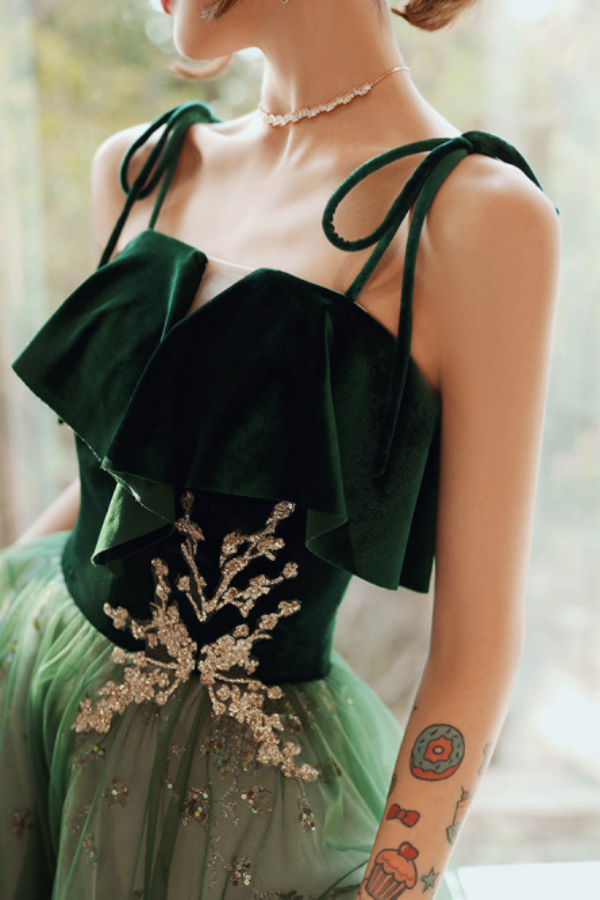 Dark Green Straps Tulle with Velvet Party Dress, Green Evening Gown Pr ...