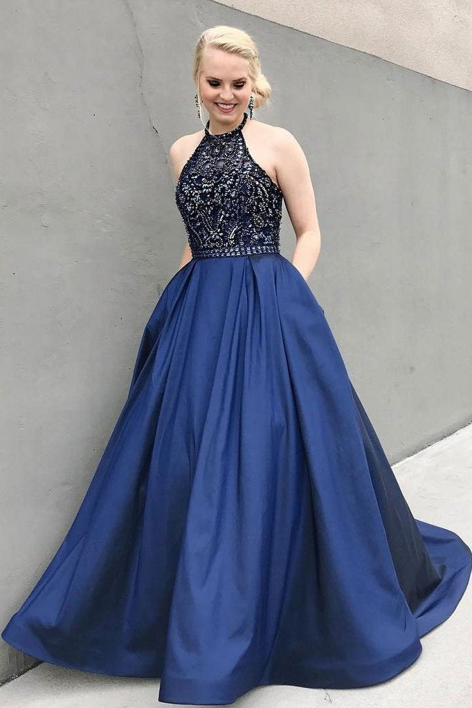 Charming Beaded Blue Prom Dresses,Long Evening Dress With Pockets PFP0 ...