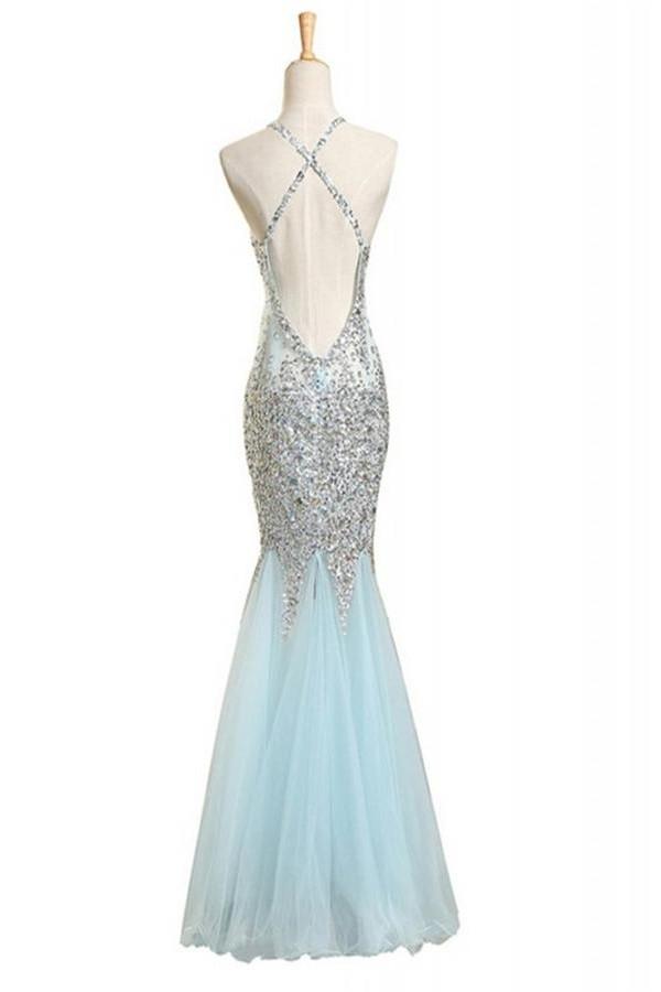 Sequin Shiny Baby Blue Mermaid Long Backless Prom Evening Dresses PFP1 ...