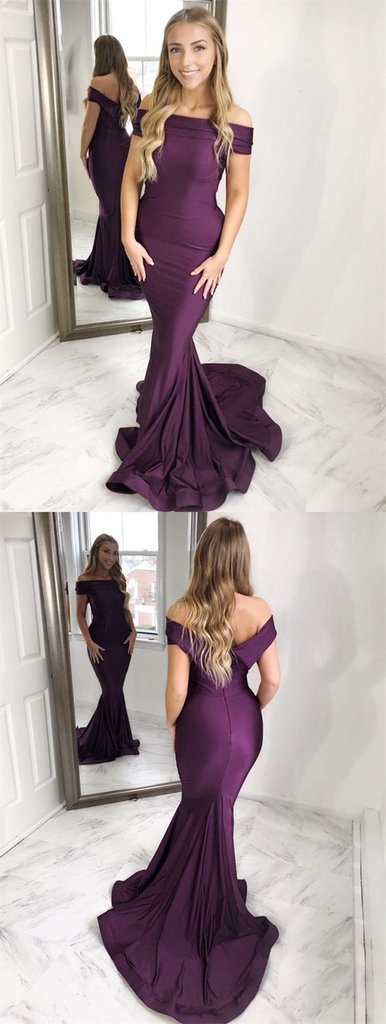 New Arrival Mermaid Off-the-Shoulder Sweep Train Grape Prom Dress PFP0 ...