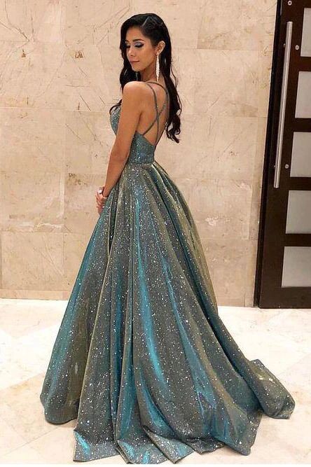 Charming V Neck Sparkly Long Prom Dresses with Pockets, Cross Back Eve ...