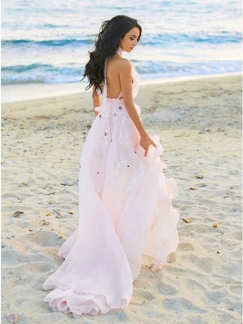 A-Line Halter Backless Light Pink Chiffon Beach Wedding Dress with App ...