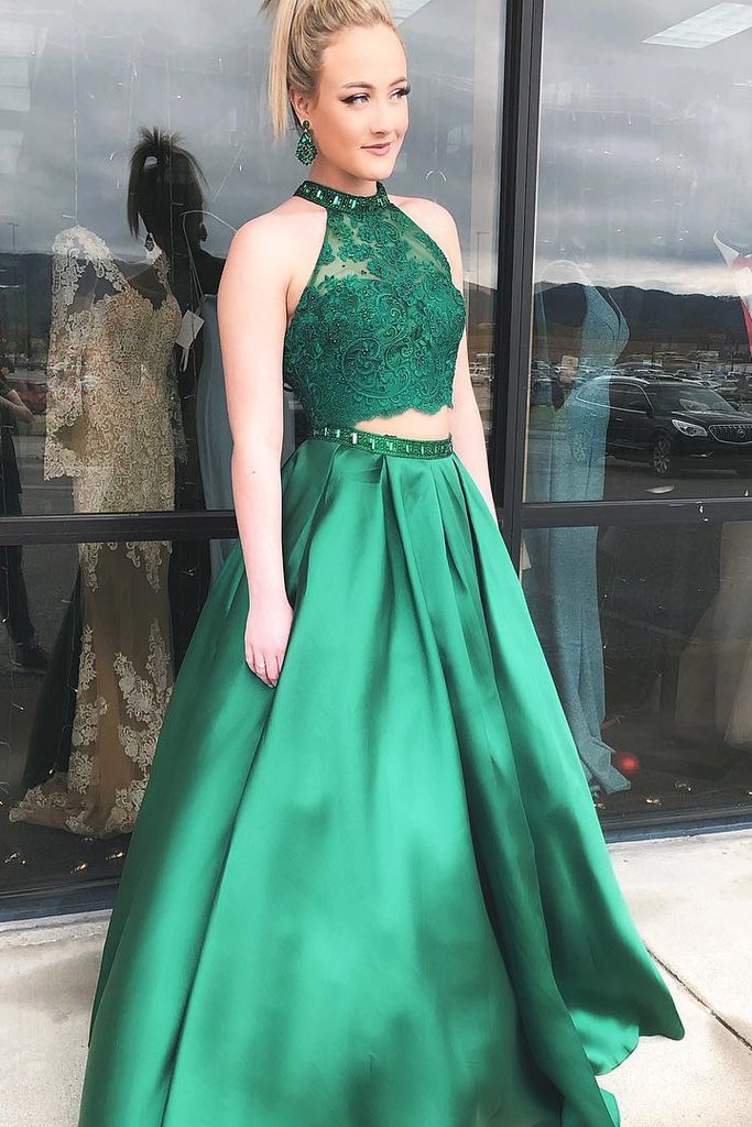 Two Pieces Halter A Line Satin Green Long Prom Dresses With Beads PFP0 ...
