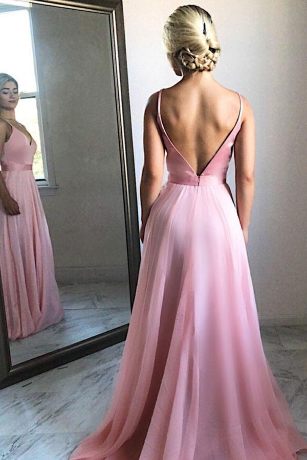 Flowing A-Line V-Neck Backless Pink Chiffon Long Prom Party Dress PFP0 ...