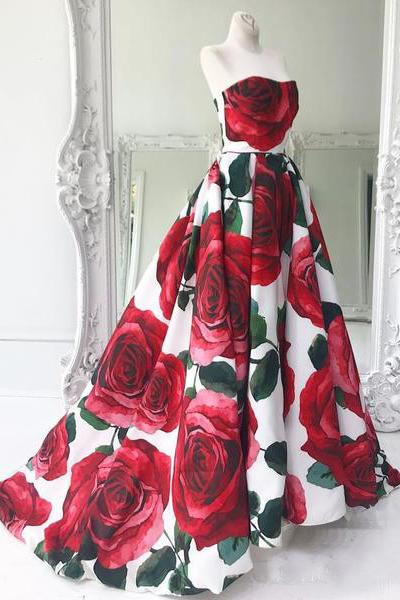 Rose Red Floral Long Prom Dresses with Pockets Strapless Evening Gown ...