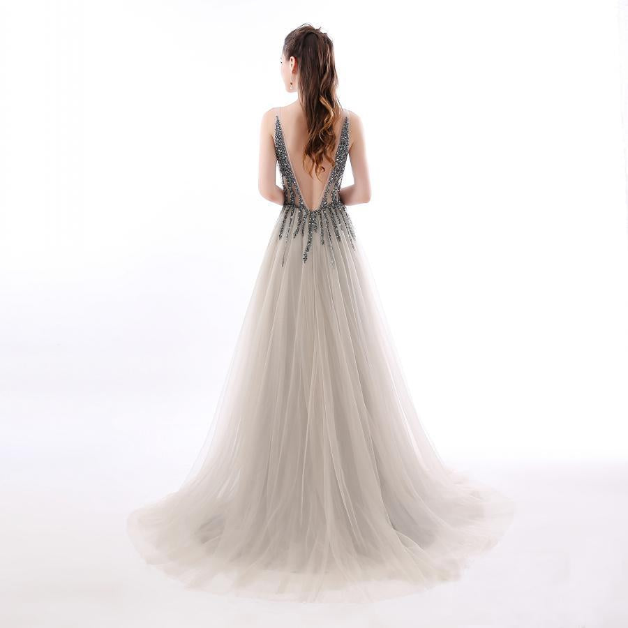 Sexy A Line Sequin Tulle Long V Neck Backless Formal Prom Dresses PFP0 ...
