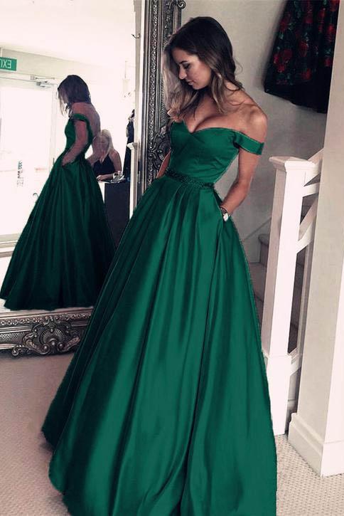A Line Off The Shoulder Simple Green Long Cheap Prom Dresses With Pock ...