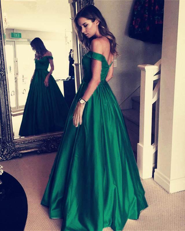 A Line Off The Shoulder Simple Green Long Cheap Prom Dresses With Pock ...