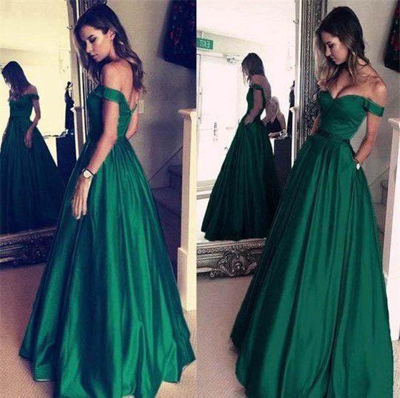A Line Off The Shoulder Simple Green Long Cheap Prom Dresses With Pock ...