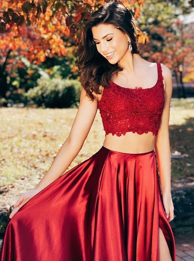 Two Pieces Scoop Sleeveless Burgundy Split Sexy Long Prom Dresses PFP0 ...