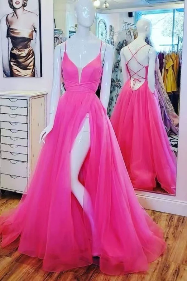 Hot Pink Tulle A Line V Neck Long Prom Dress, Gorgeous Formal Gown PFP ...
